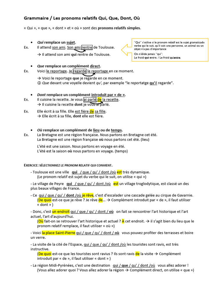 Les Pronoms Relatifs Qui Que Dont Où | PDF