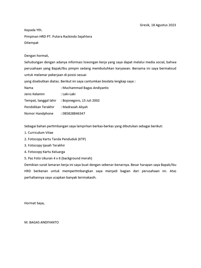 Surat Lamaran Bagas | PDF