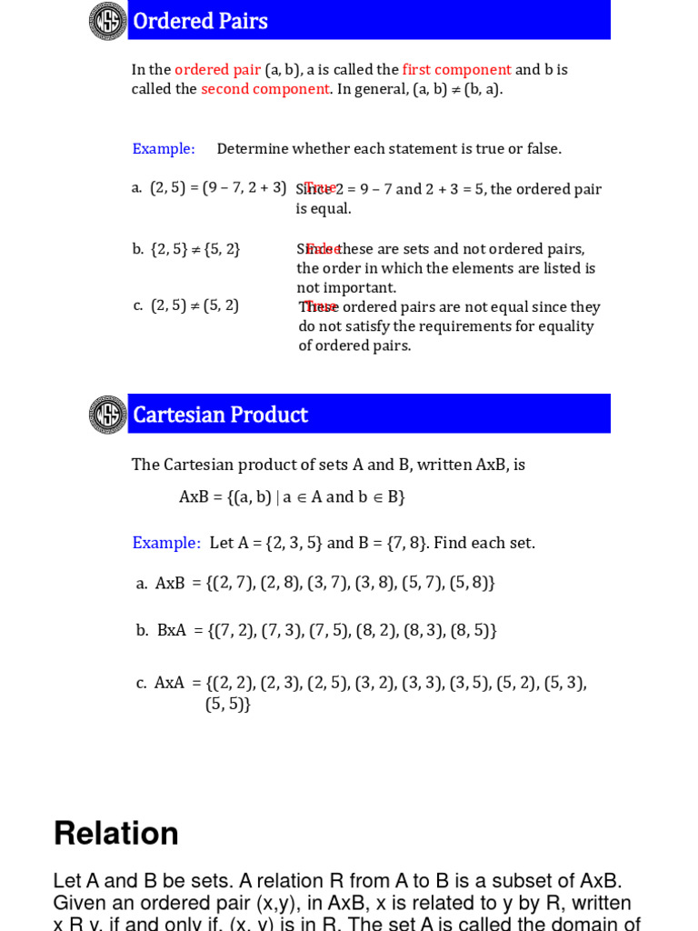 Ordered Pairs Cartesian Product Relations And Functions Pdf Function Mathematics Set