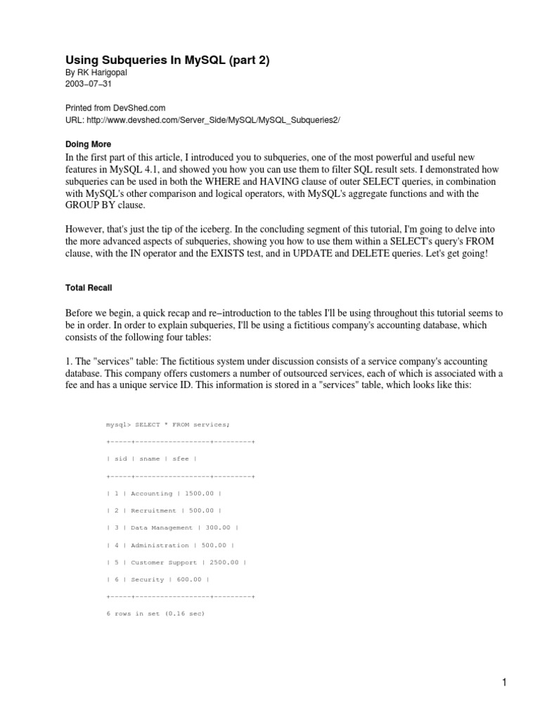 Using Sub Queries in MySQL (Part 2) | PDF | Sql | Software Engineering