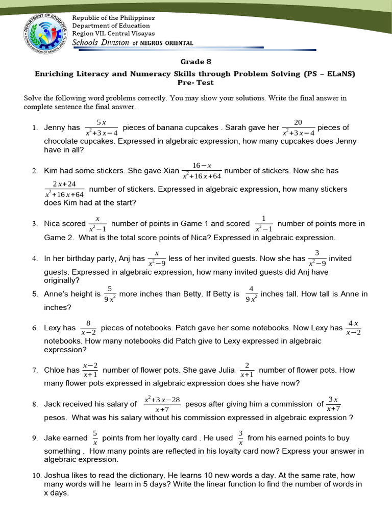 Grade 8 Enriching Literacy and Numeracy Skills Through Problem Solving 1 | PDF