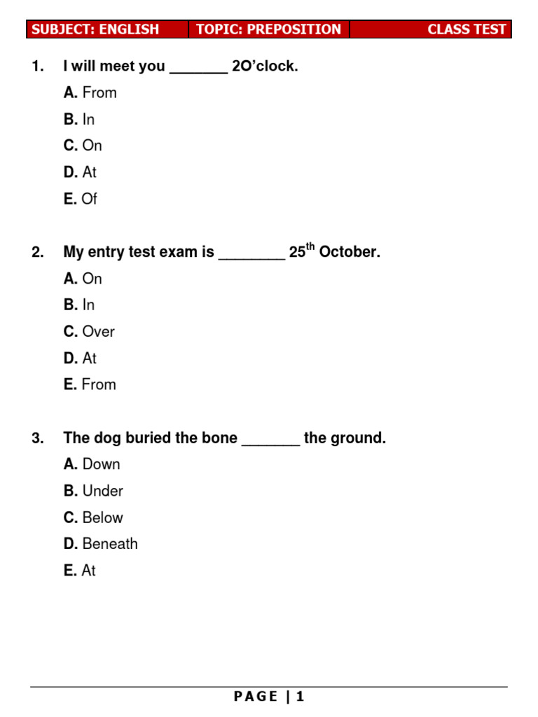 English Practice Paper-4-Preposition | PDF