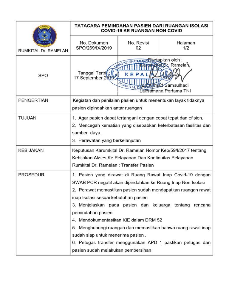 SPO Pemindahan Pasien Dari Ruang Isolasi Covid-19 Ke Ruang Non Covid | PDF
