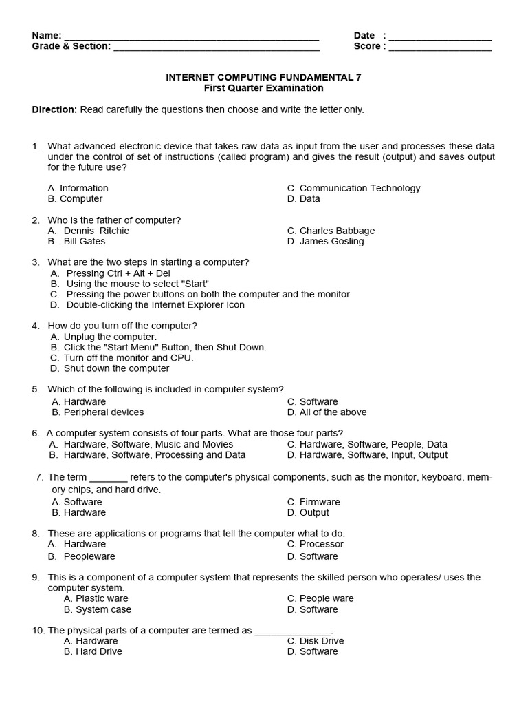ICF 7 1st Quarter Exam | PDF