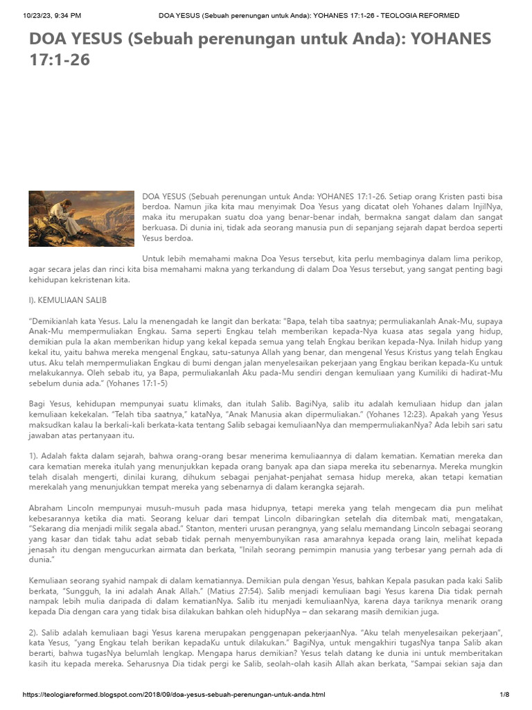 Doa Yesus (Sebuah Perenungan Untuk Anda) - Yohanes 17-1-26 - Teologia Reformed | PDF
