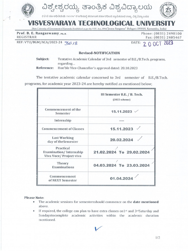 Academic Calender B.E. B.Tech 3rd Sem Tentative | PDF