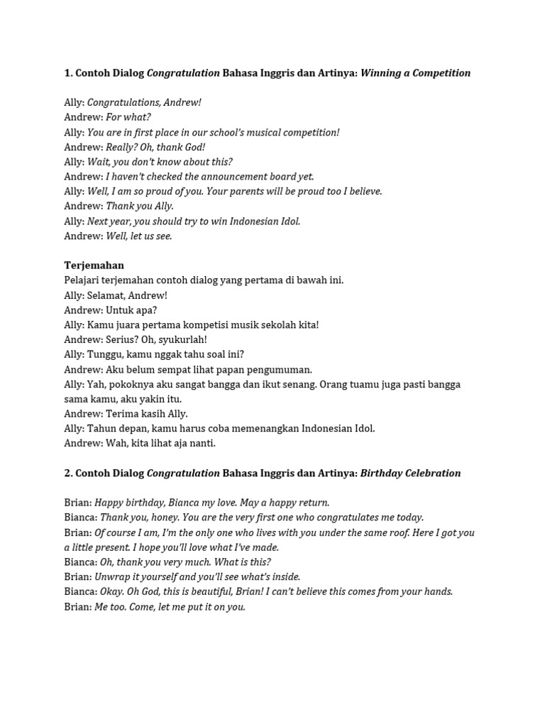 Contoh Percakapan Bahasa Inggris Congratulation | PDF