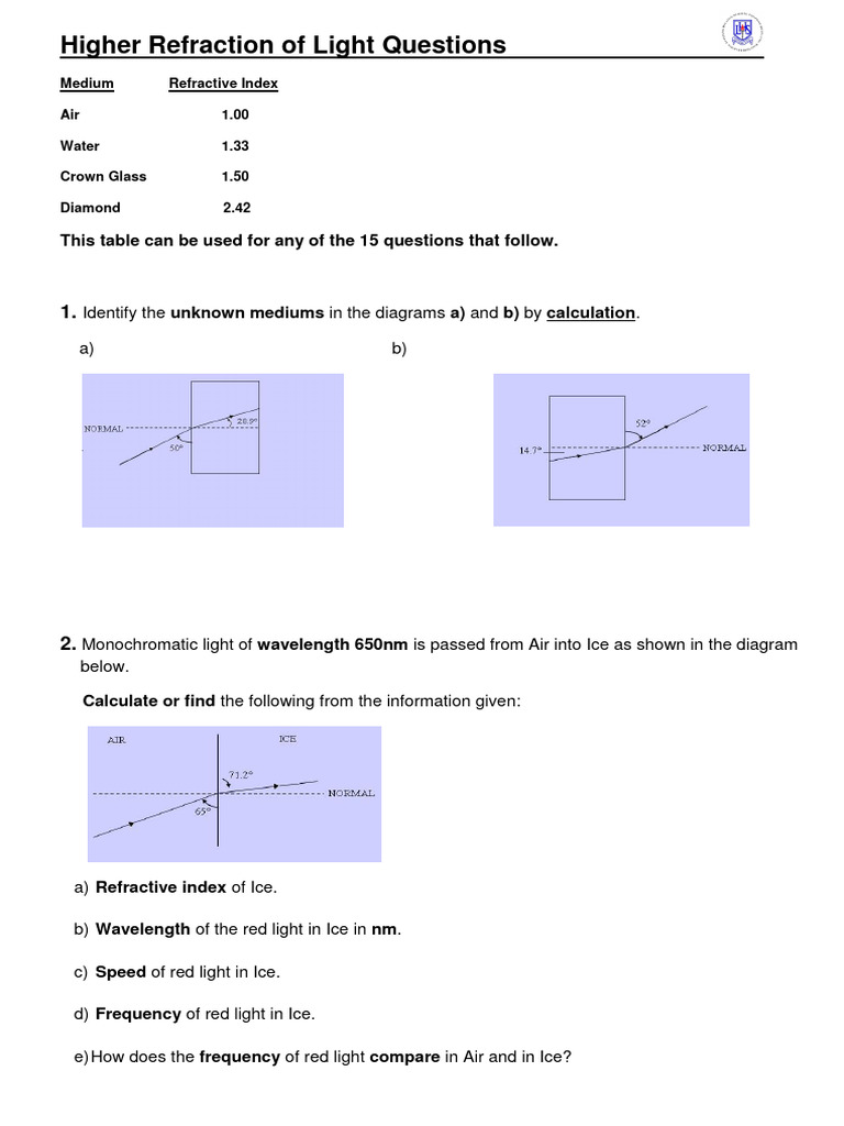(48251) 9. H Refraction of Light Questions | PDF | Refractive Index ...