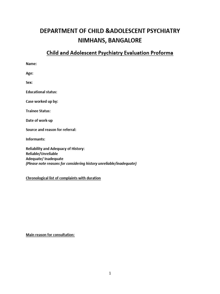 Child and Adolescent Psychiatry NIMHANS Evaluation Proforma | PDF ...