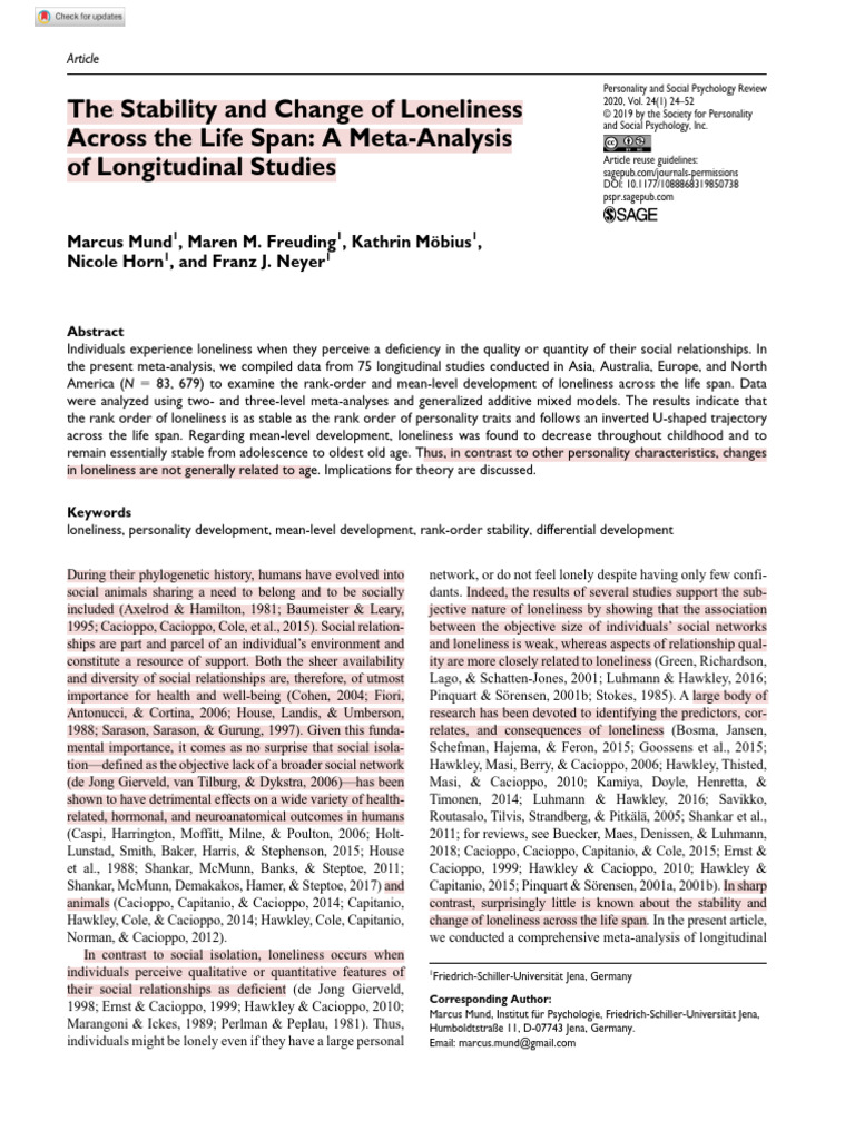 Mund Et Al 2019 The Stability and Change of Loneliness Across The Life Span A Meta Analysis of ...