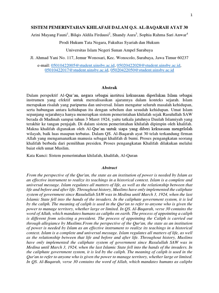 (Kel.5) Sistem Pemerintahan Khilafah Dalam QS - Al-Baqarah Ayat 30 | PDF
