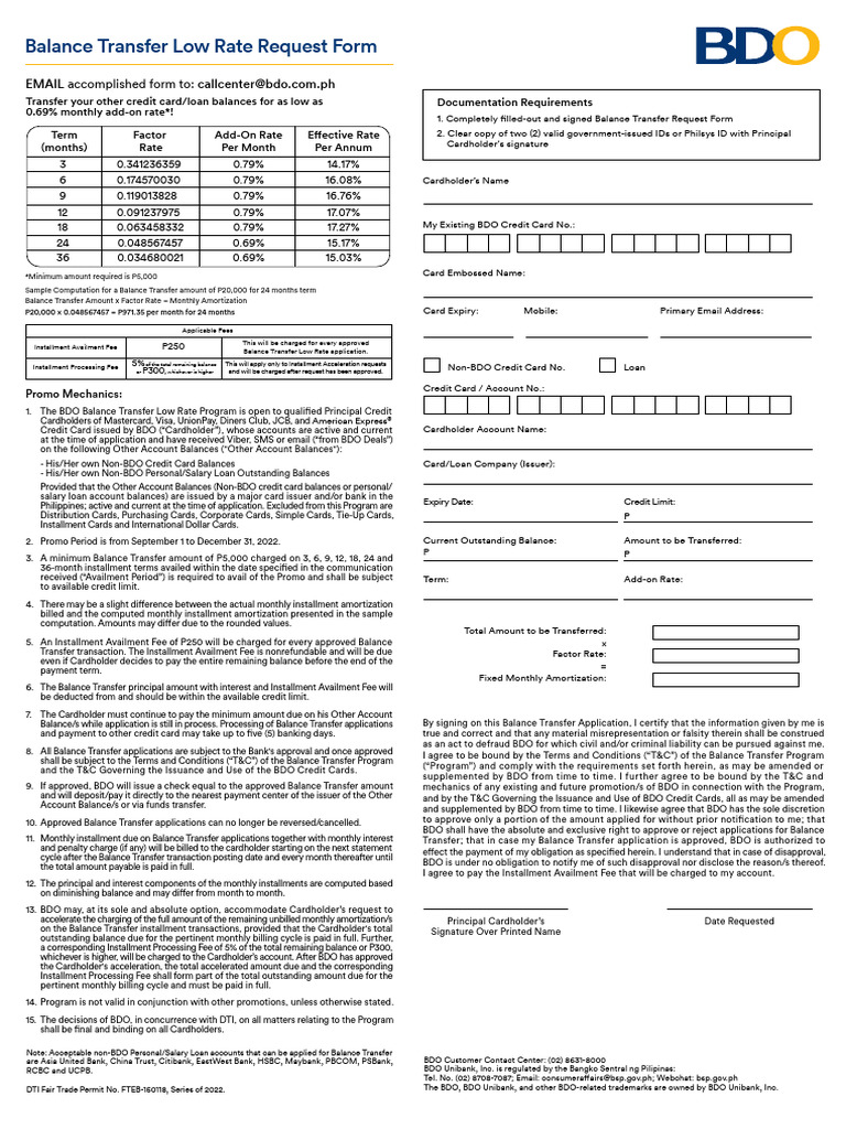 BDO Balance Transfer Low Rate Form | PDF | Credit Card | Banking