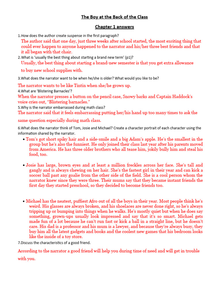 The Boy at The Back of The Class-Chapter - 1 - Questions and Answers | PDF