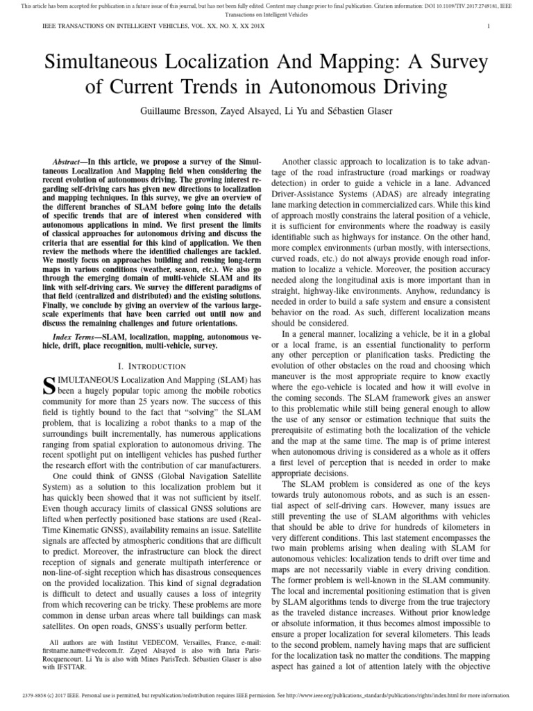 16 - Simultaneous Localization and Mapping - A Survey of Current Trends in Autonomous Driving | PDF