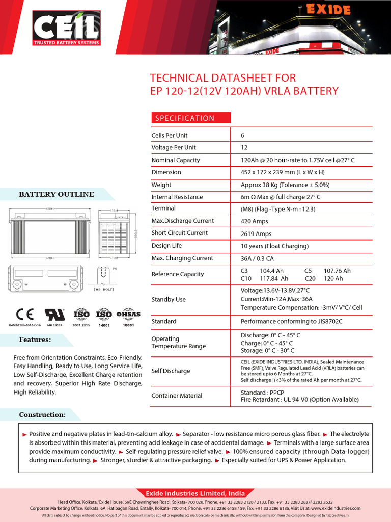 CEIL EP 120-12 (12V 120ah) VRLA BATTERY | PDF