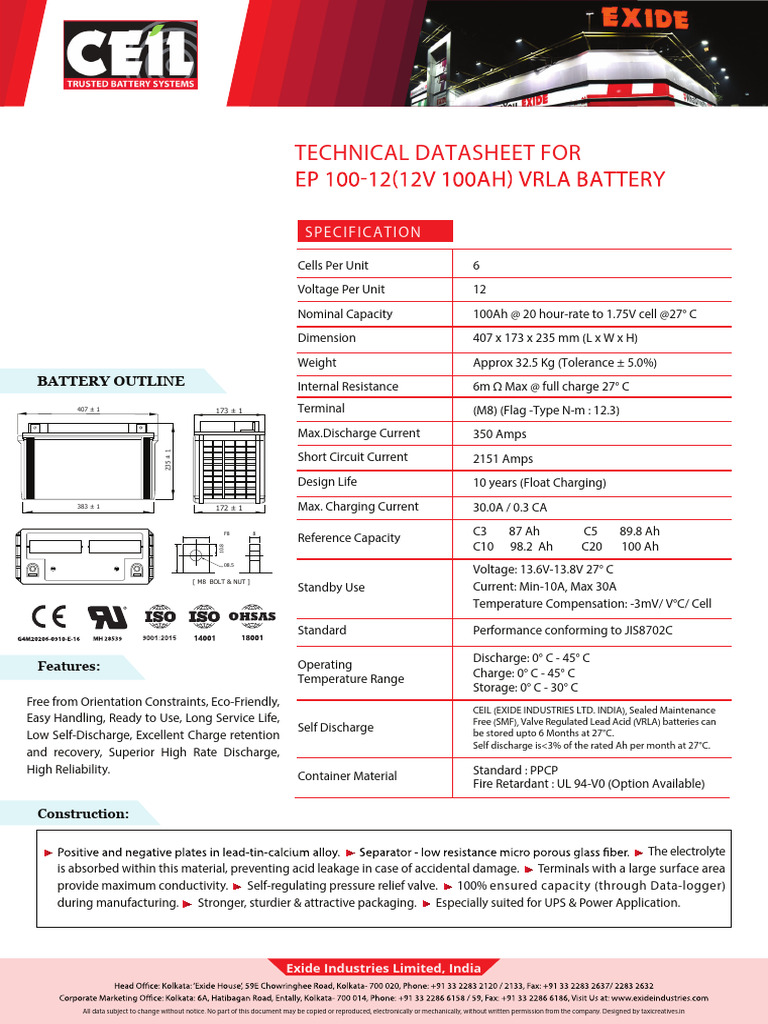 CEIL EP 100-12 (12V 100ah) VRLA BATTERY (27 - 09 - 23) | PDF