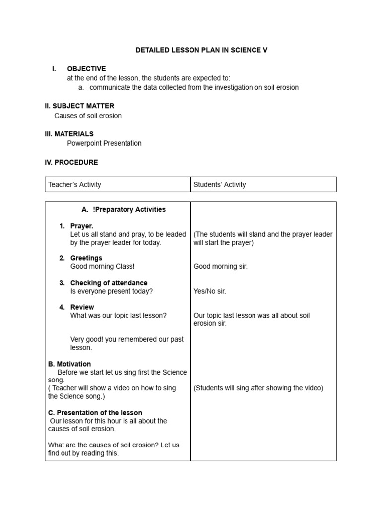 DETAILED LESSON PLAN IN SCIENCE V Soil Erosion | PDF