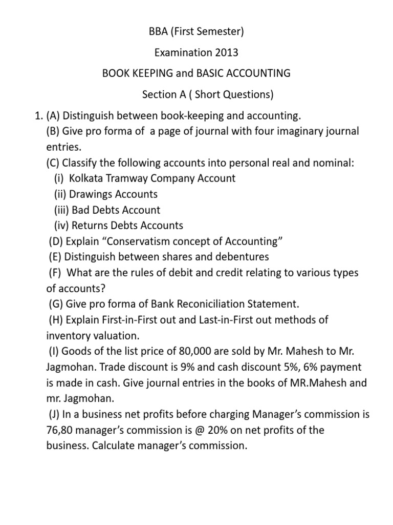 BBA Exam 2013: Bookkeeping & Accounting | PDF
