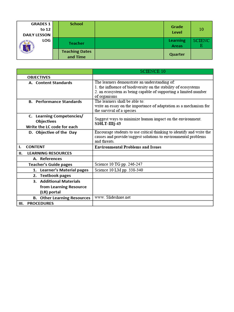 Lesson Plan On Environmental Problems and Issues | PDF