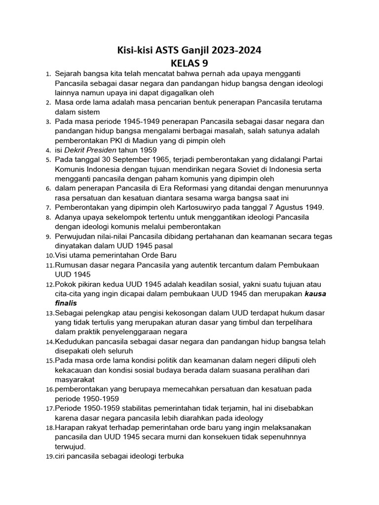 Kisi-Kisi Asts 2023-2024 Kelas 9 | PDF