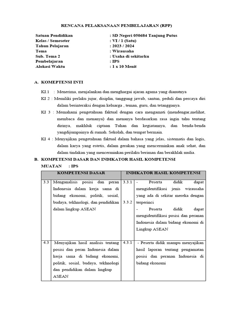 RPP Tema5 Subtema 2 PB 1 Kelas 6 Mapel Ips | PDF