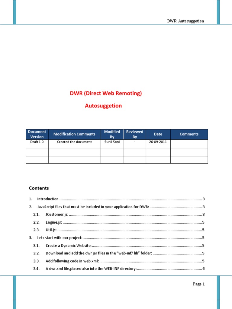 DWR (Direct Web Remoting) Autosuggetion: Document Modification Comments Modified by Reviewed by ...