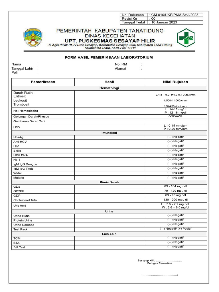 CM-016 Form Hasil Lab Puskesmas Sesayap Hilir | PDF