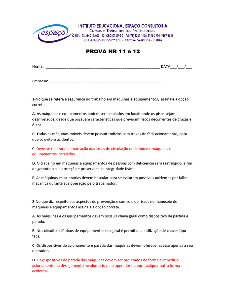 Prova NR 12 Com Gabarito | PDF