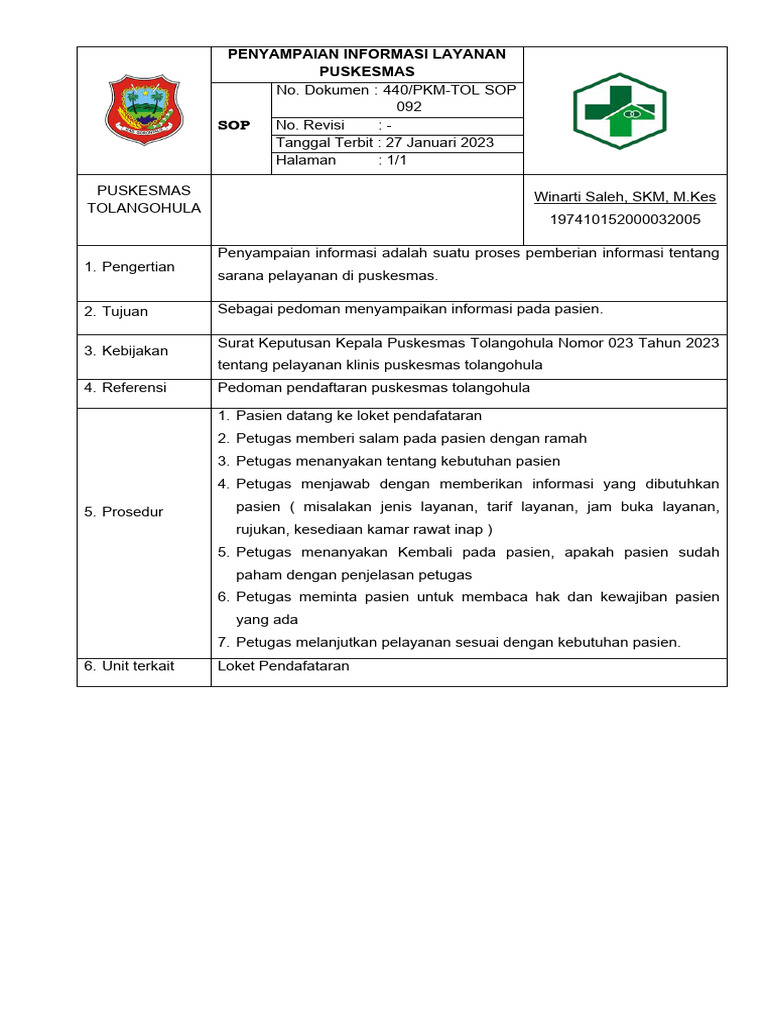 Sop Penyampaian Informasi Layanan Puskesmas | PDF