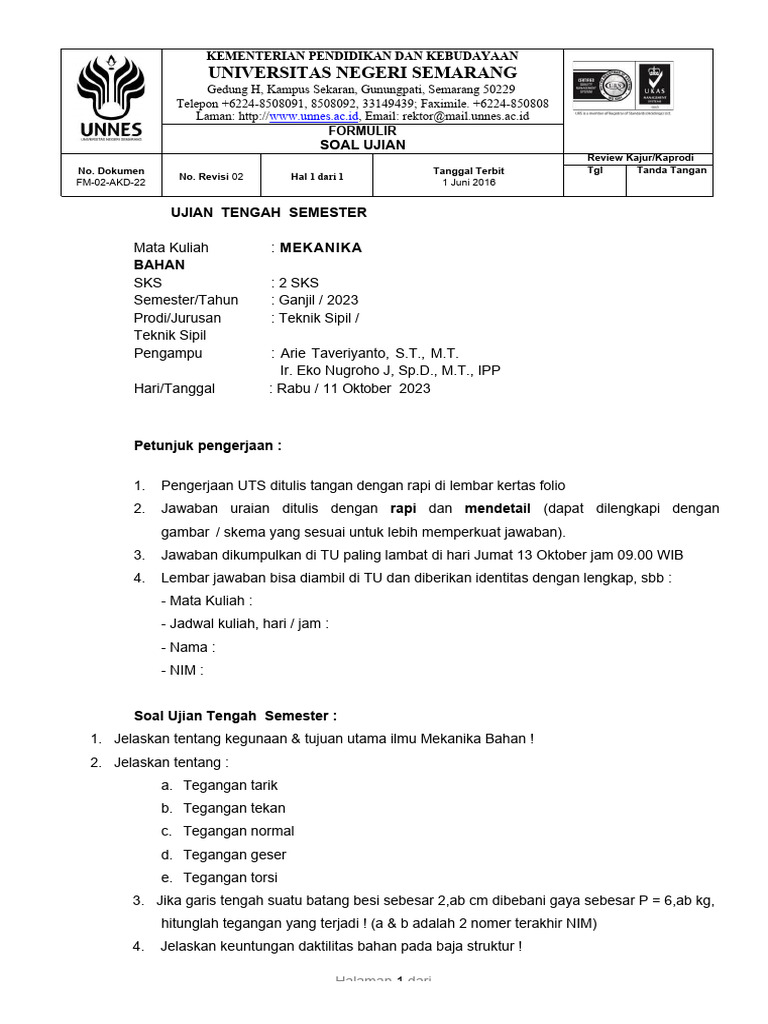 Soal UTS MEKANIKA BAHAN 2023 | PDF