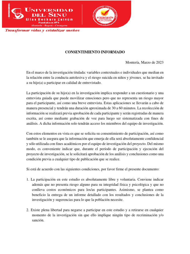 Consentimiento Informado - Niños | PDF