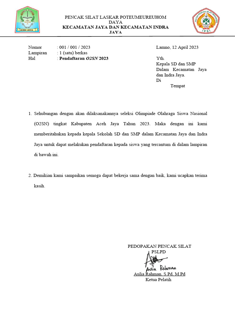 Pendaftaran O2SN Pencak Silat 2023 | PDF