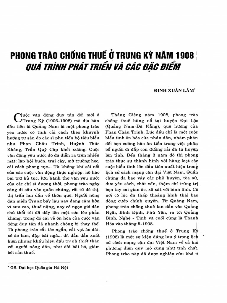 Phong Trào Chống Thuế Ở Trung Kỳ Năm 1908 - Quá Trình Phát Triển Và Các Đặc Điểm | PDF