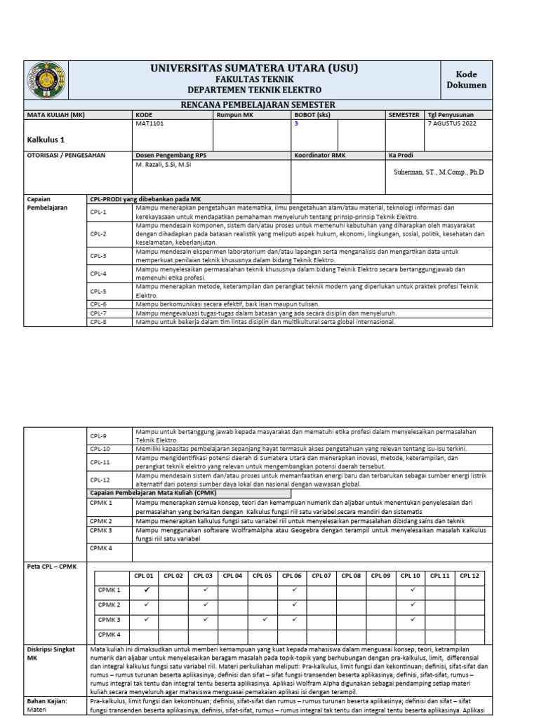 RPS KALKULUS-1 DOSEN M.RAZALI SESUAI TEMPLATE PRODI TEKNIK ELEKTRO USU ...
