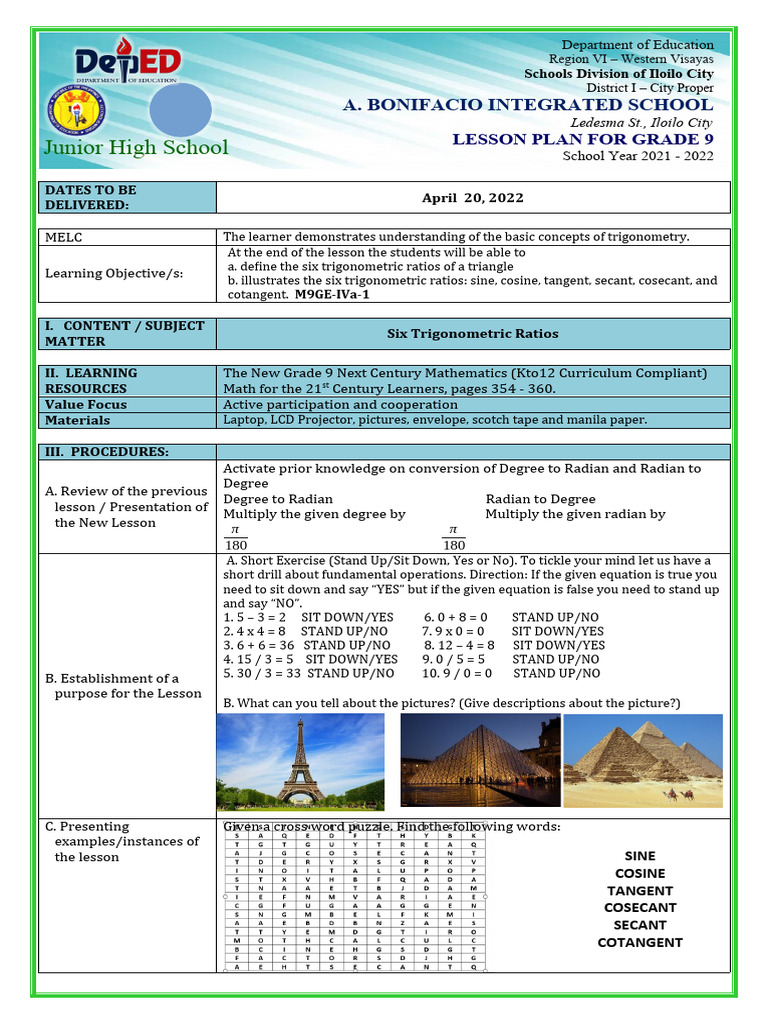 Cot Lesson Plan - Six Trigonometric Ratios | PDF