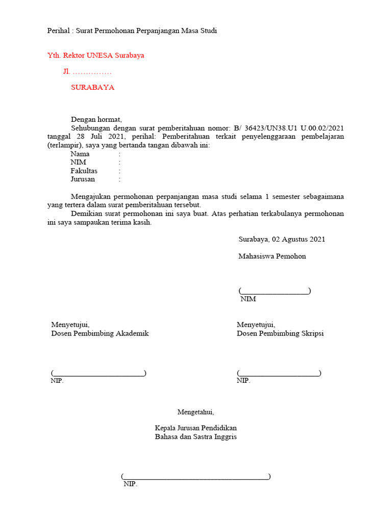 Surat Permohonan Perpanjangan Masa Studi | PDF
