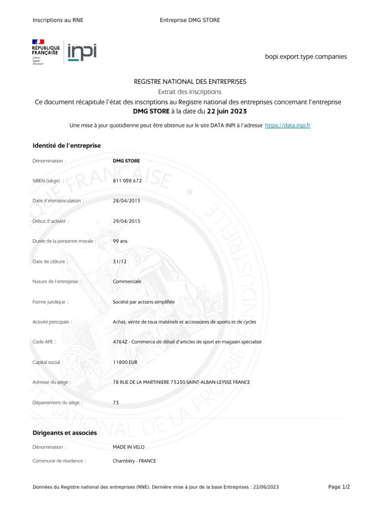 DMG Store - Extrait Inpi | PDF