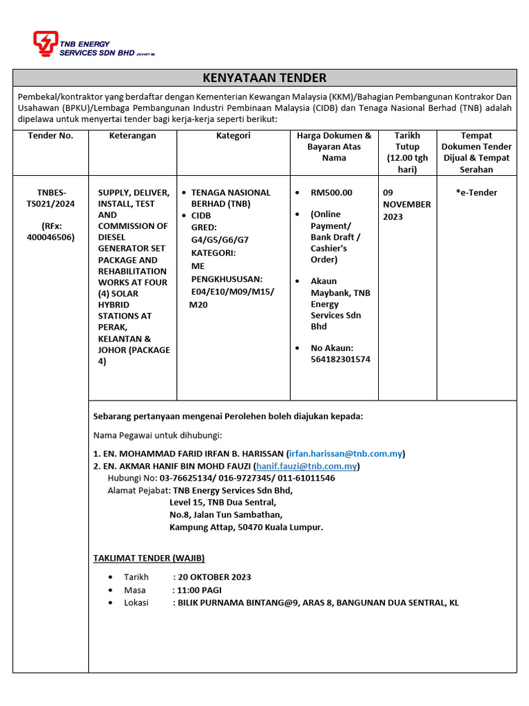 Genset-Solar-Station (TNB Website) TNBES-TS021 2024 | PDF