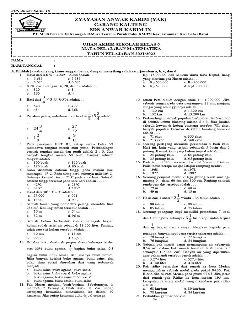 Uas Kelas 6 MTK 2021 2022 - Lain | PDF