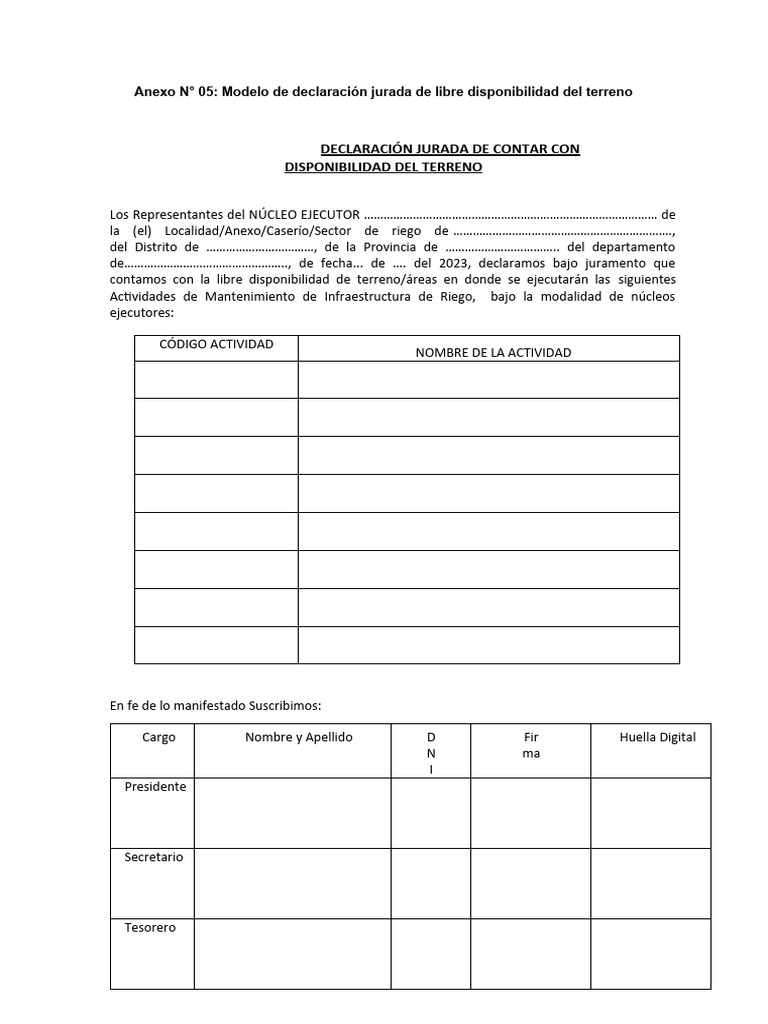 Anexo #05 - Modelo de Declaración Jurada de Libre Disponibilidad Del Terreno | PDF