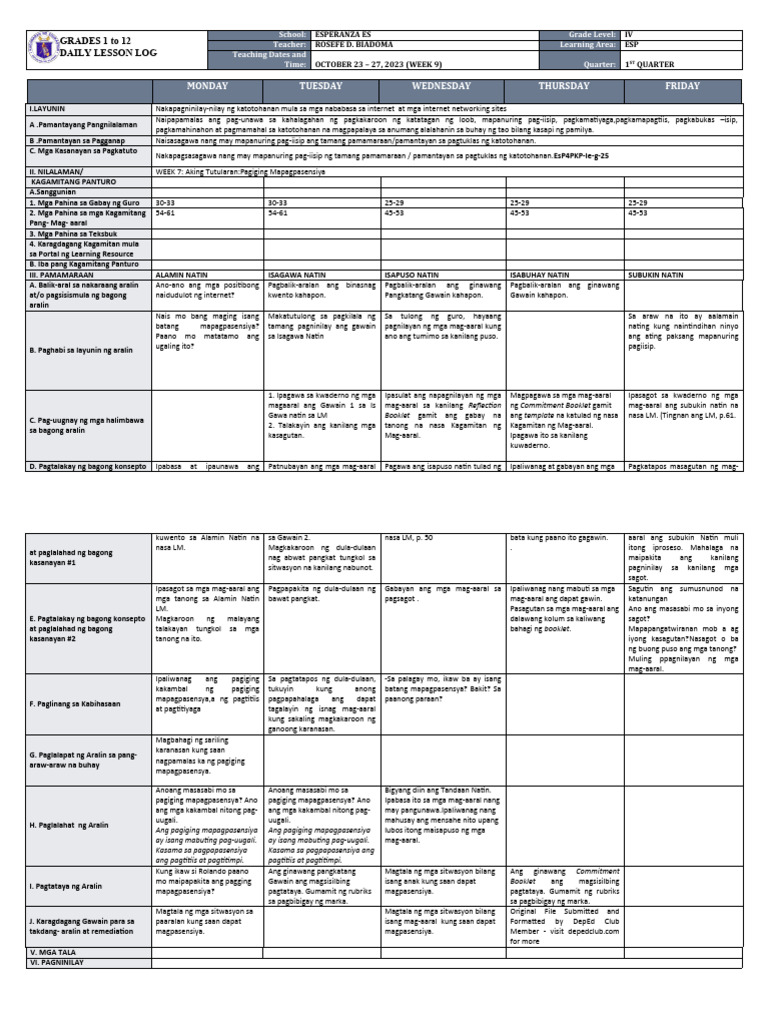 DLL - Esp 4 - Q1 - W9 | PDF