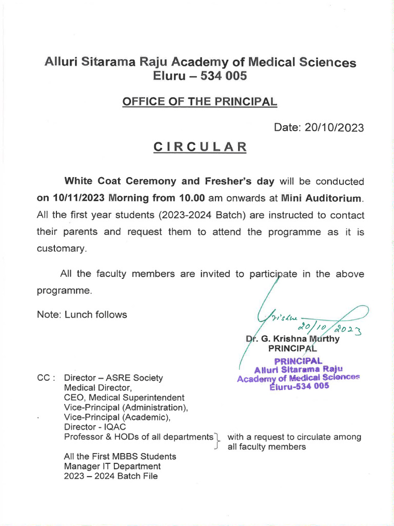 Freshers Day Circular | PDF