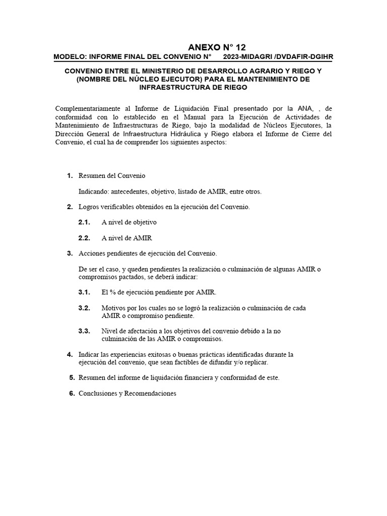 Anexo #12 - Modelo de Informe Final de Cierre de Convenio # - 2023-MIDAGRI-DVDAFIR | PDF