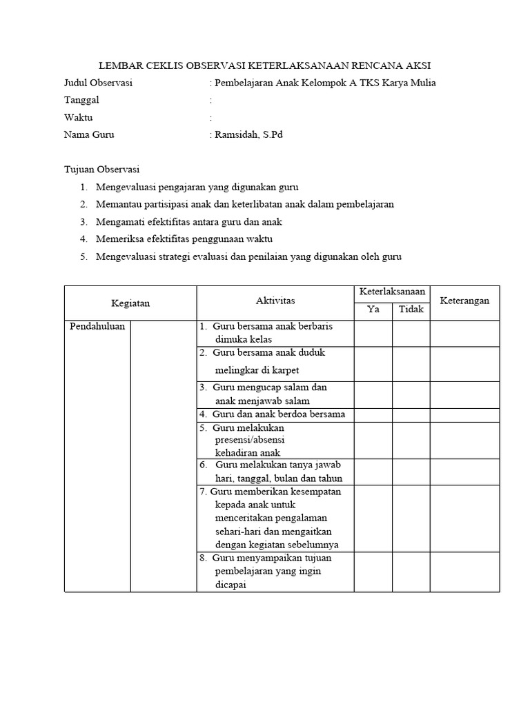 Lembar Ceklis Observasi Pembelajaran | PDF