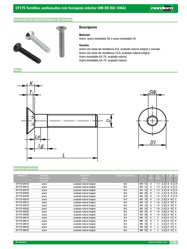 Datasheet 4093 Tornillos Avellanados Con Hex Gono Interior DIN en ISO 10642 | PDF | Ingeniería ...