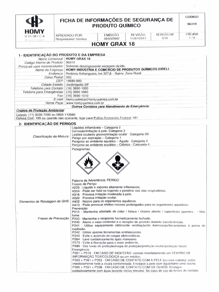 FISPQ - Homy Grax 18 | PDF
