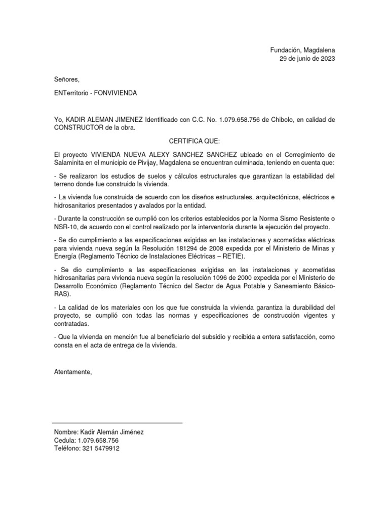 Carta Constructora - Alexy Sanchez | PDF