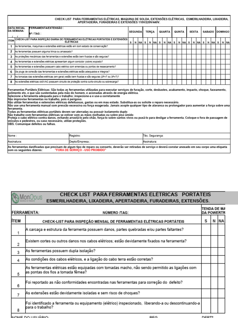 Check list de Equipamentos Elétricos e extensão elétrica | PDF ...