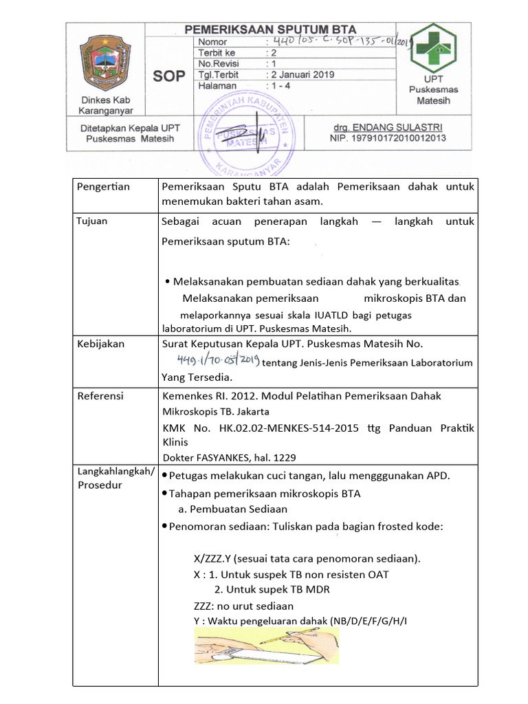 Sop Pemeriksaan Sputum Bta Upt Puskesmas Matesih | PDF