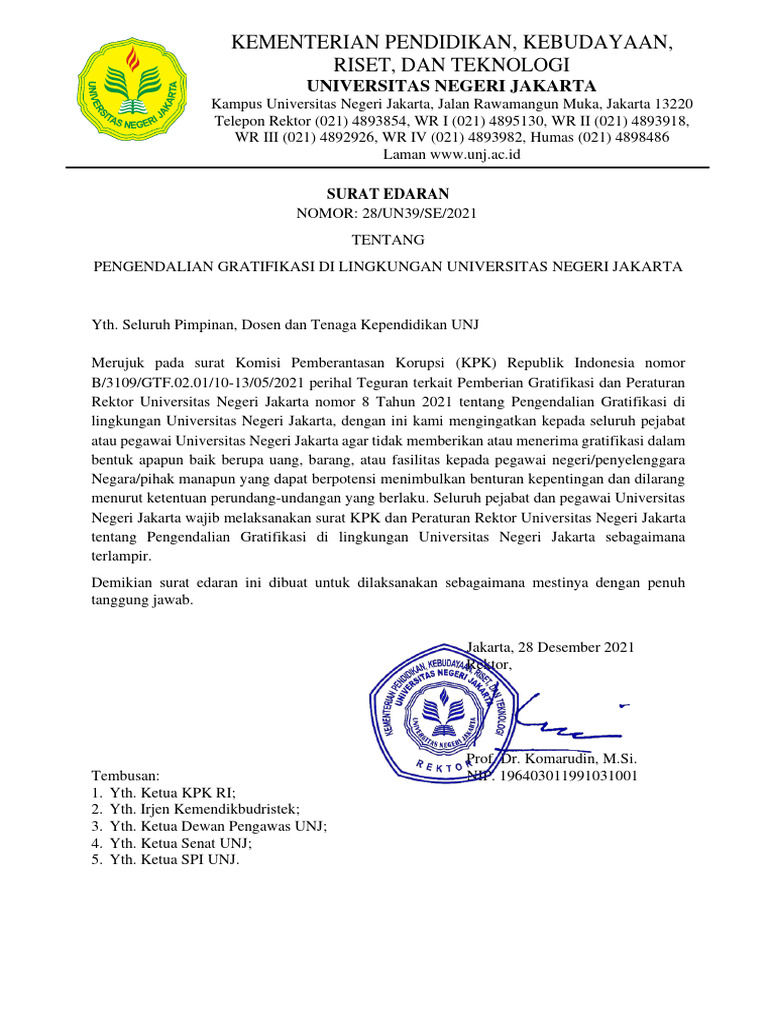 1 75 Surat Edaran TTG Pengendalian Gratifikasi Di Lingkungan UNJ | PDF